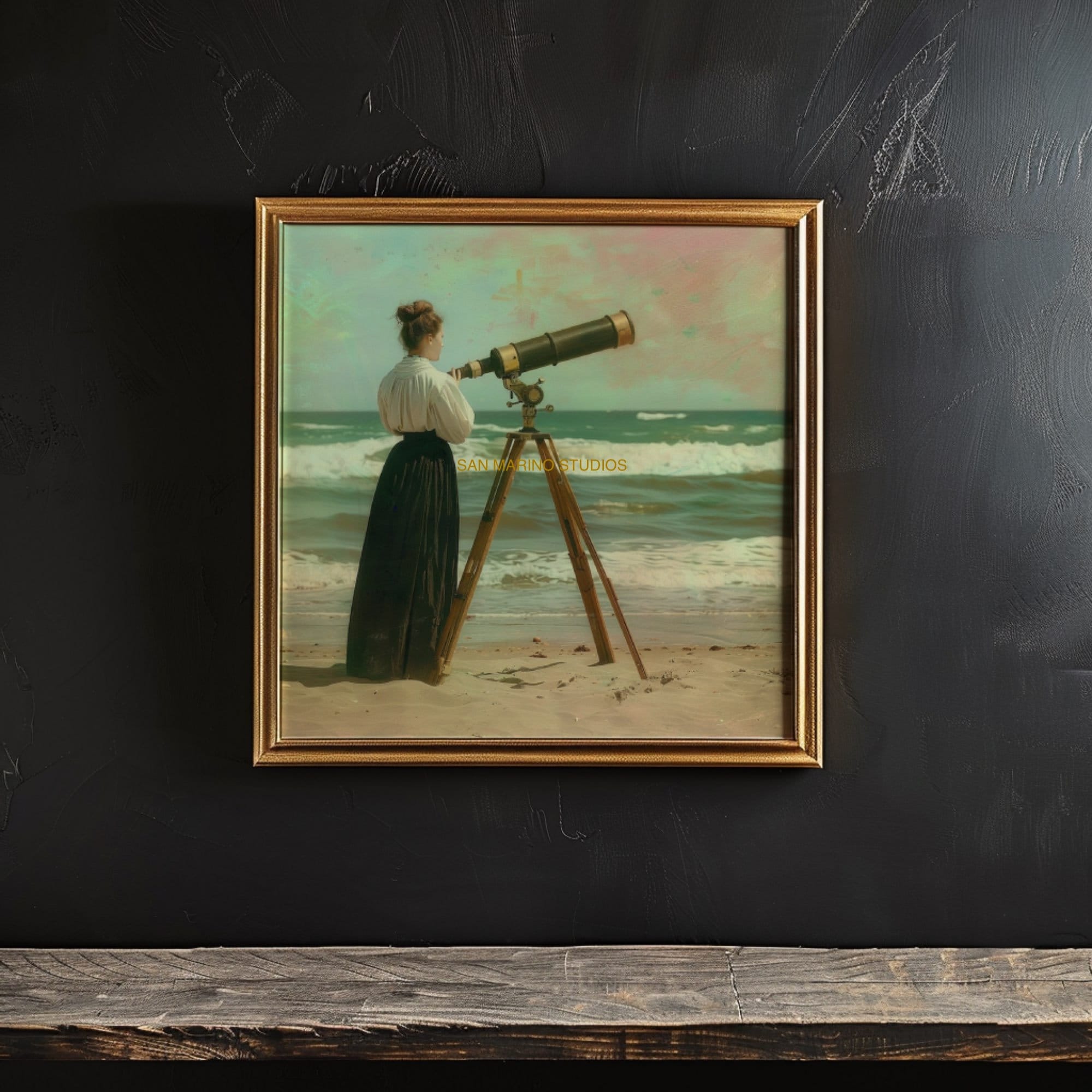 Vintage | Woman on the Beach | Telescope | Painting | Digital ...