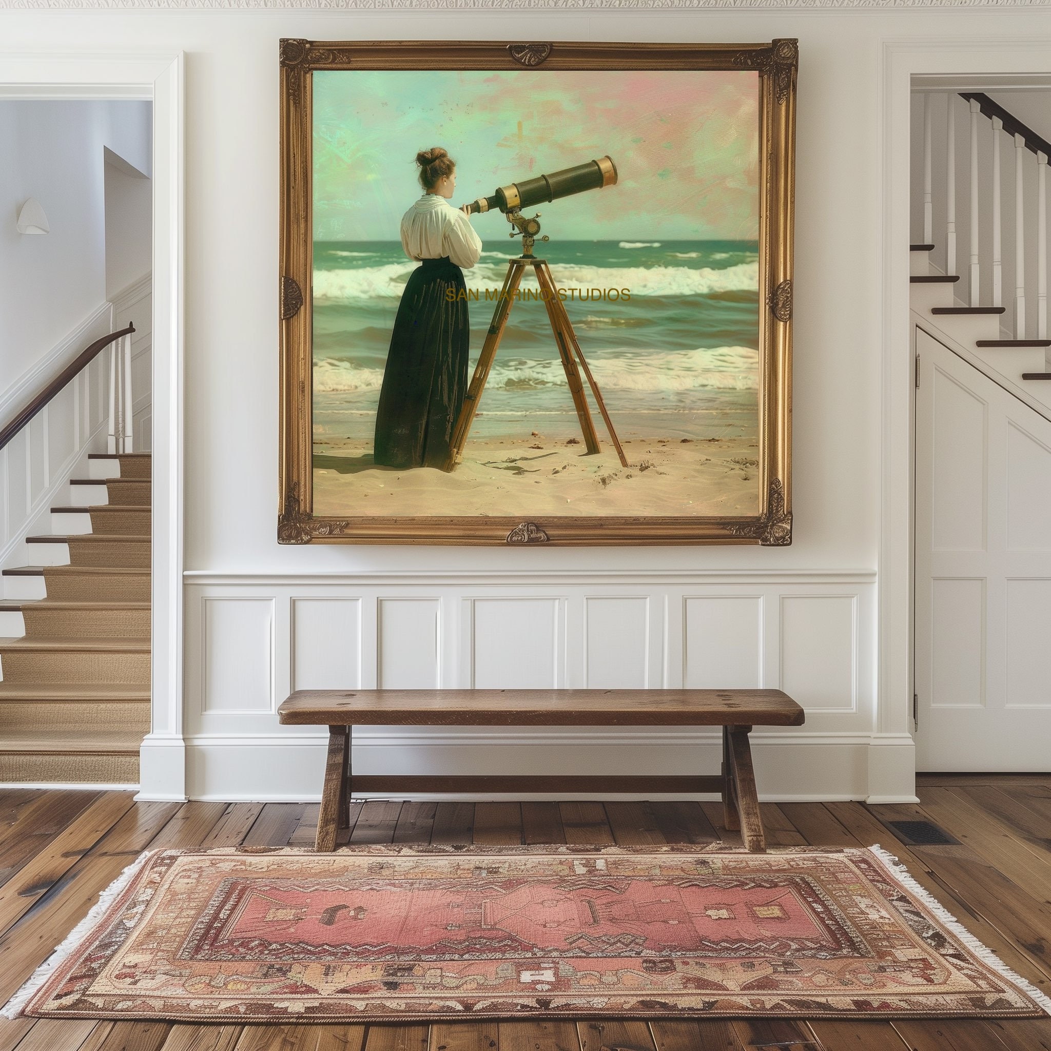 Vintage | Woman on the Beach | Telescope | Painting | Digital ...