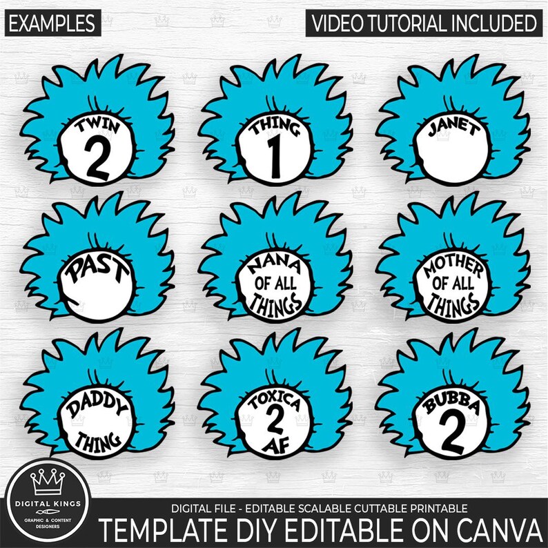 DIY in CANVA Thing 1 Thing 2 Face Hair Text Template Canva Free Version ...