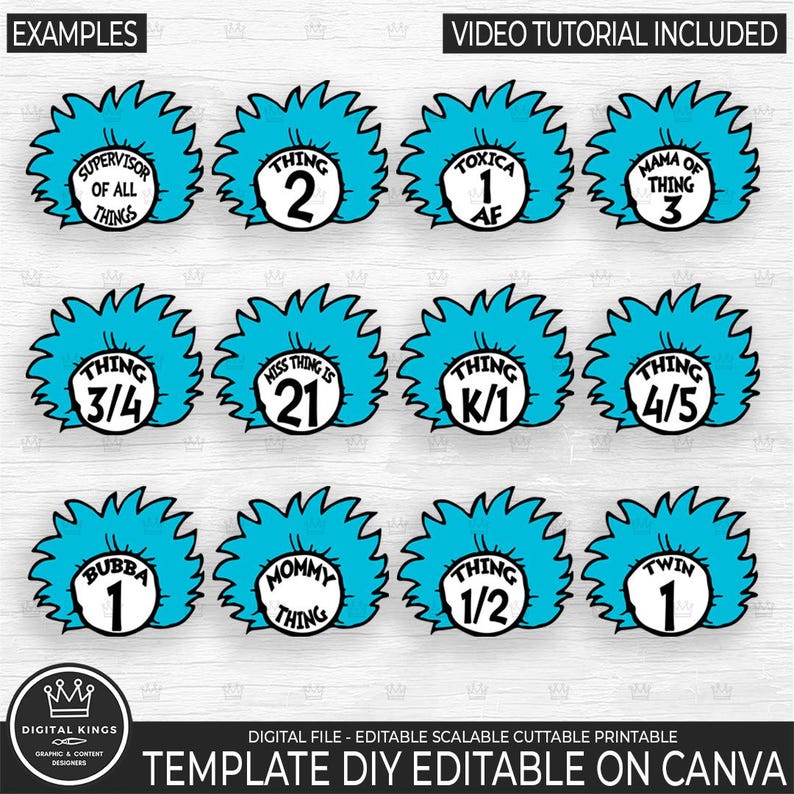 DIY in CANVA Thing 1 Thing 2 Face Hair Text Template Canva Free Version ...
