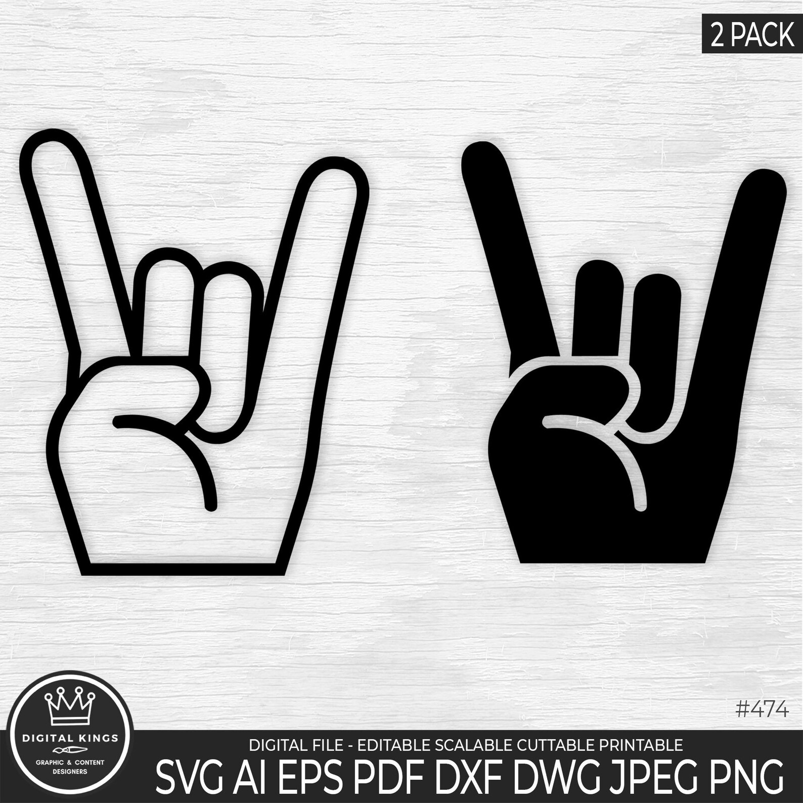 2 ROCK ON HAND Svg Pack, Rock Hand Silhouette, Rock on Hand Vector File ...