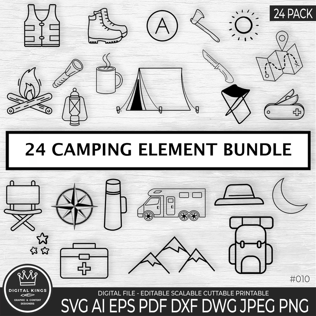 24 CAMP Elements Bundle SVG, Camping Clip Art, Camp Cut Files, Camping ...