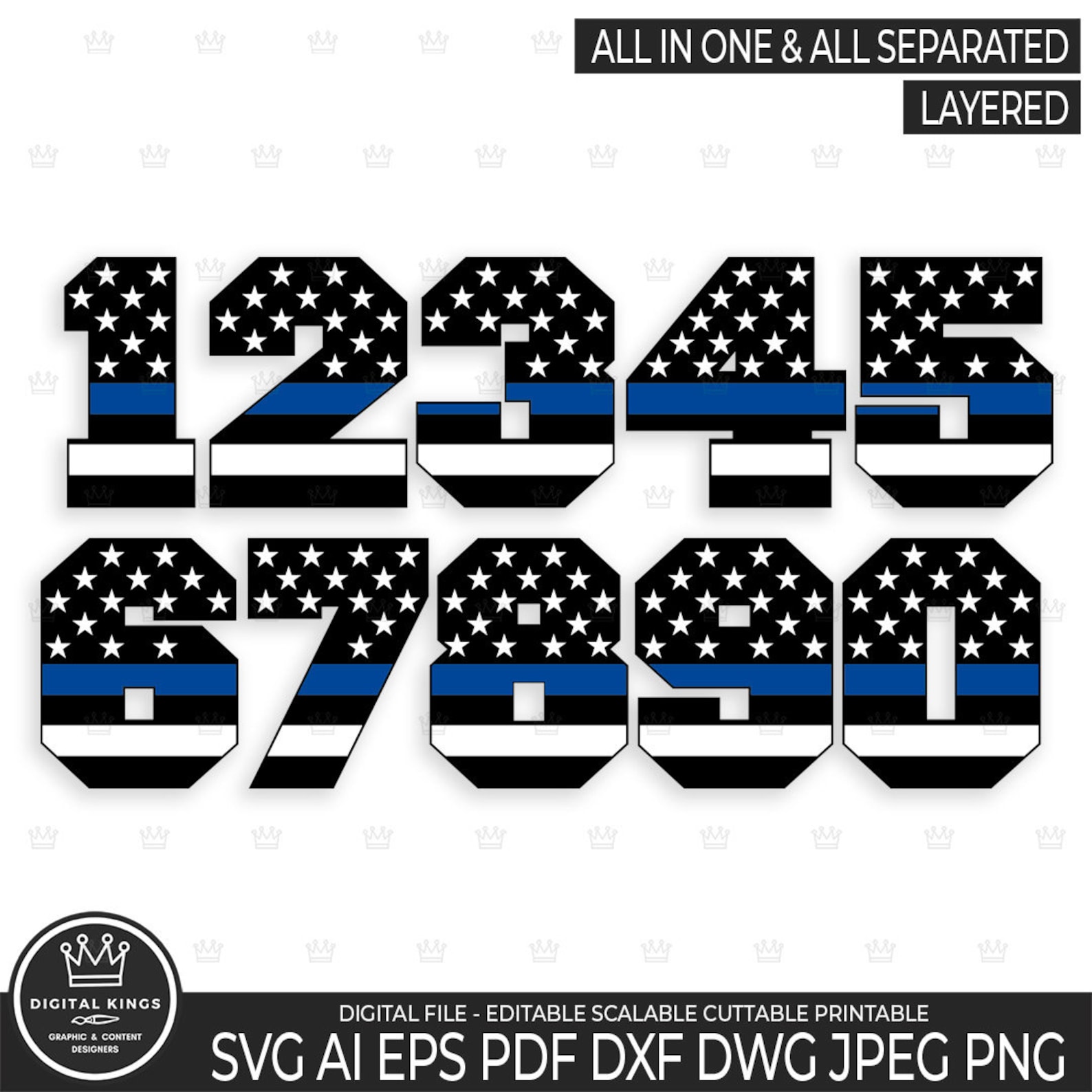 Thin Blue Line Numbers SVG Layered File Thin Blue Line Numbers Block ...