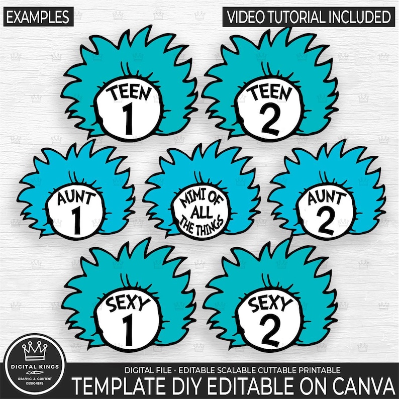 DIY in CANVA Thing 1 Thing 2 Face Hair Text Template Canva Free Version ...