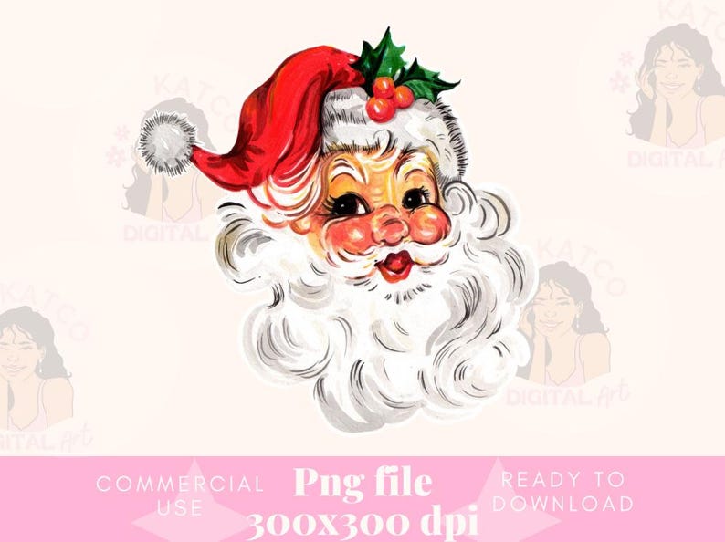 Vintage Retro Santa Png, Girly Christmas Png,santa Design ,digital ...