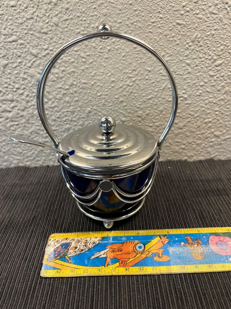 Art Deco Cobalt Blue Glass Jam Jar With Carrier, Spoon, and Lid - Etsy