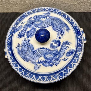 Blue and White Chinoiserie Dragon Painted Porcelain Covered Dish, C ...