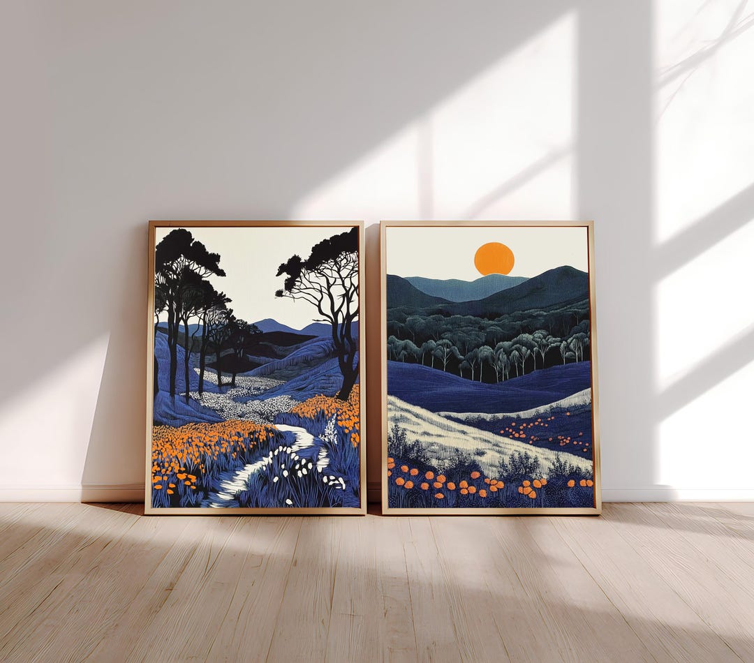 Vintage Woodcut Landscape Posters Set of 2, Abstract Nature Prints ...