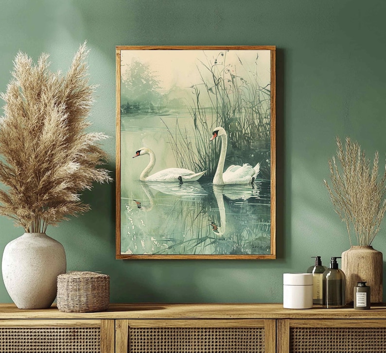 Vintage Swan Art Print, Swan Lake Premium Matte Poster, Sage Green ...