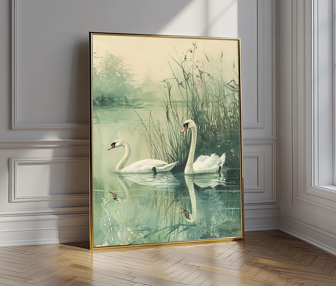 Vintage Swan Art Print, Swan Lake Premium Matte Poster, Sage Green ...