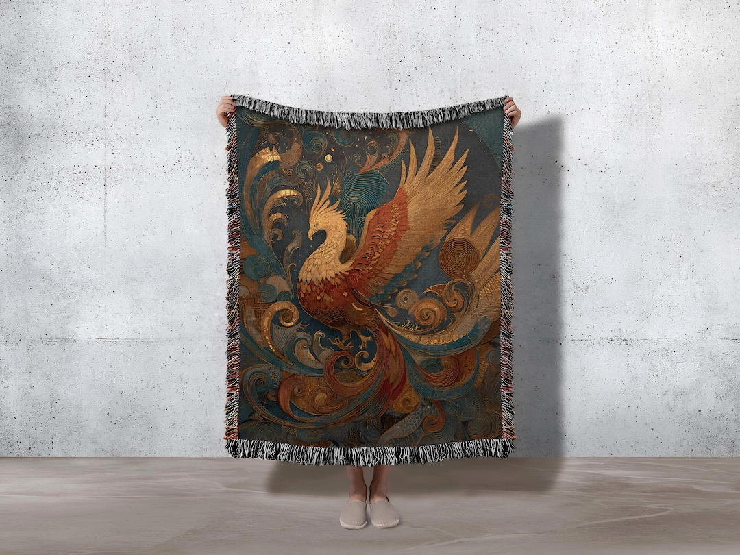 Fire Phoenix Blanket, Mythical Phoenix Woven Throw, Vintage Bird Art ...