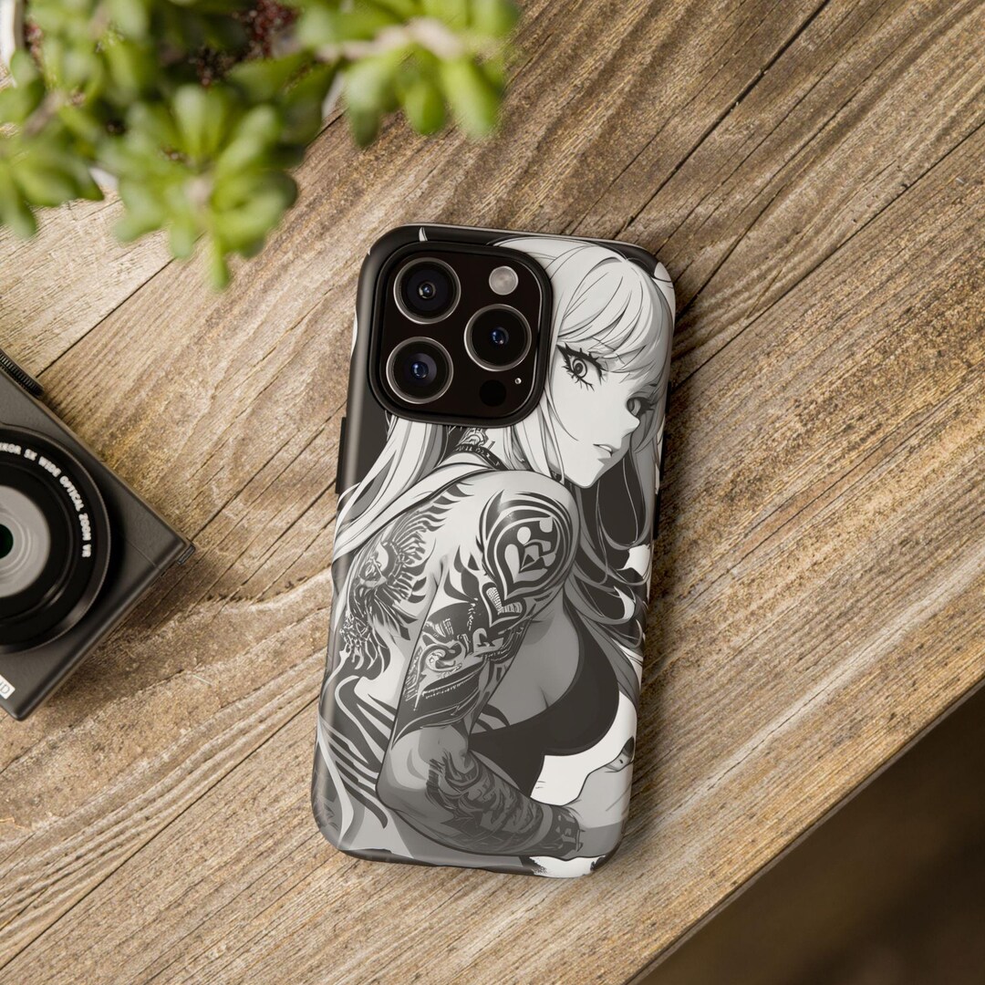Badass Anime Tattoo Phone Case, Black and White, iPhone 16 15 14 13 12 ...