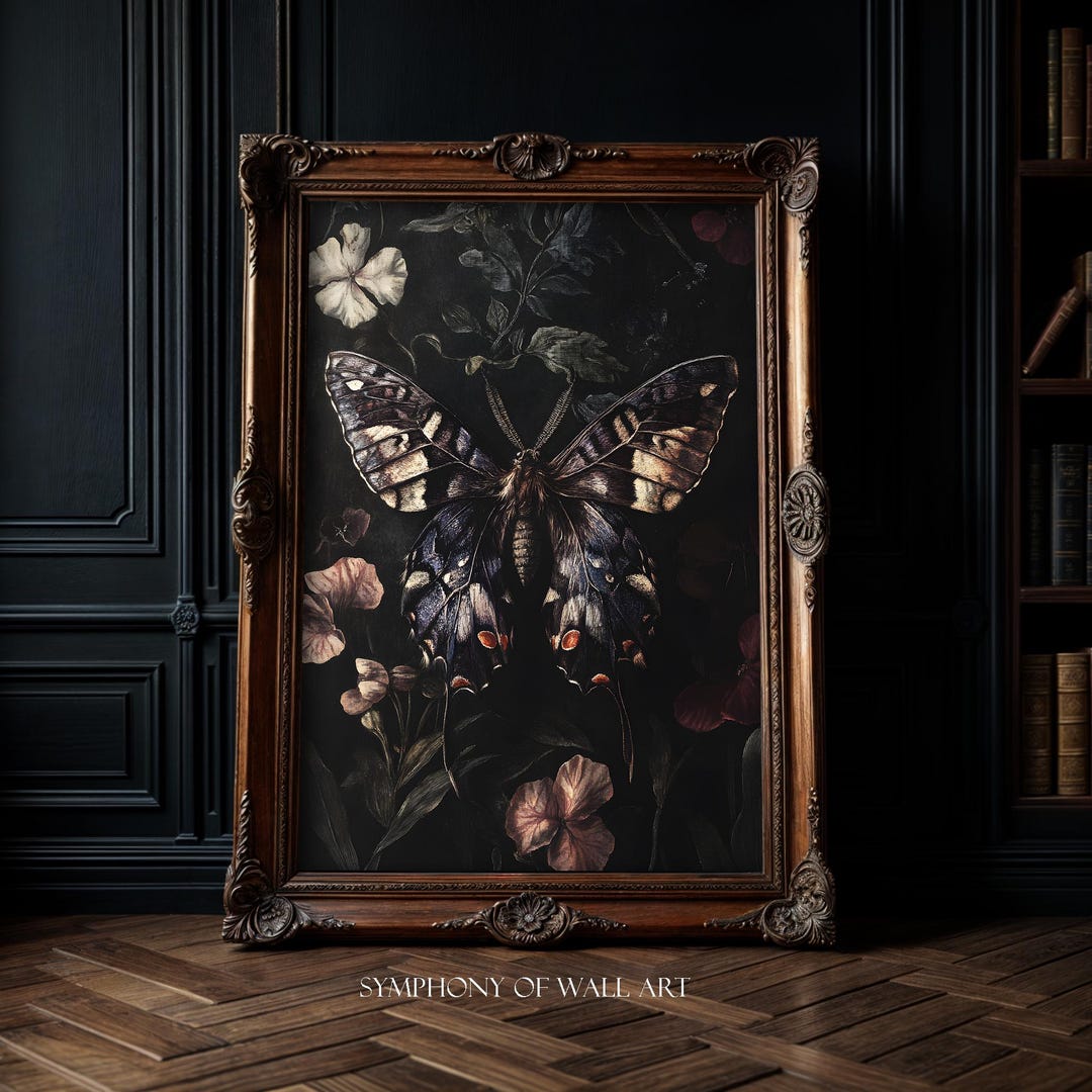 Rustic Botanical Moths | Dark Academia, Moody Floral Print, Dark ...