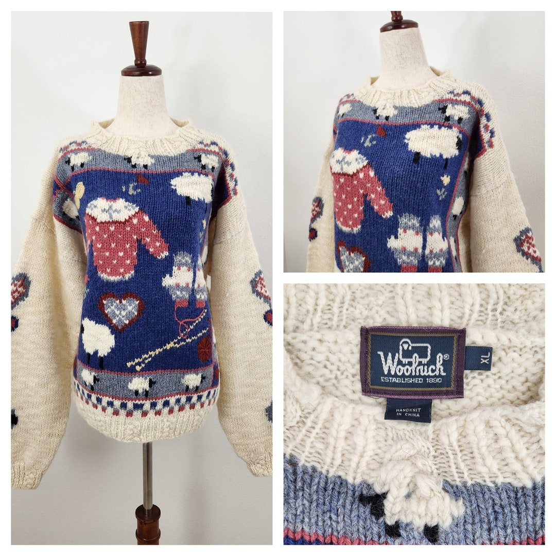 Vintage 1980s Woolrich Intarsia Cottagecore Sheep Patterned Cozy Chunky ...