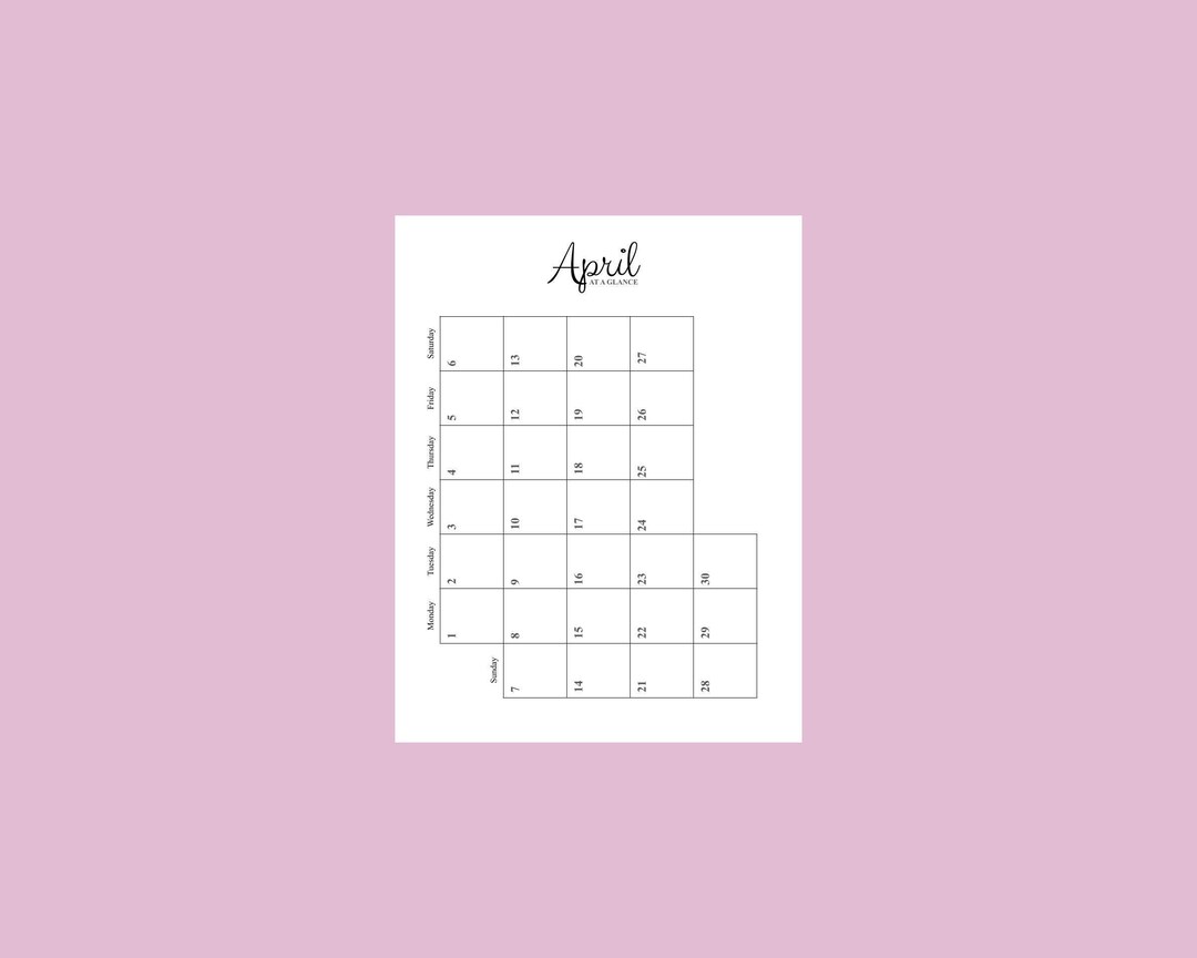 April Calendar - Month at a Glance - Digital Download - Etsy