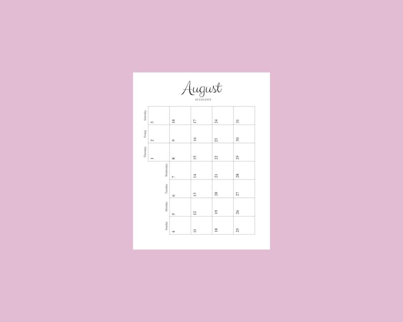 August Calendar - Month at a Glance - Digital Download - Etsy