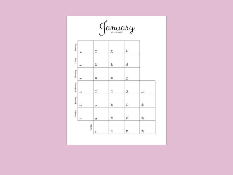 January Calendar - Month at a Glance - Digital Download - Etsy
