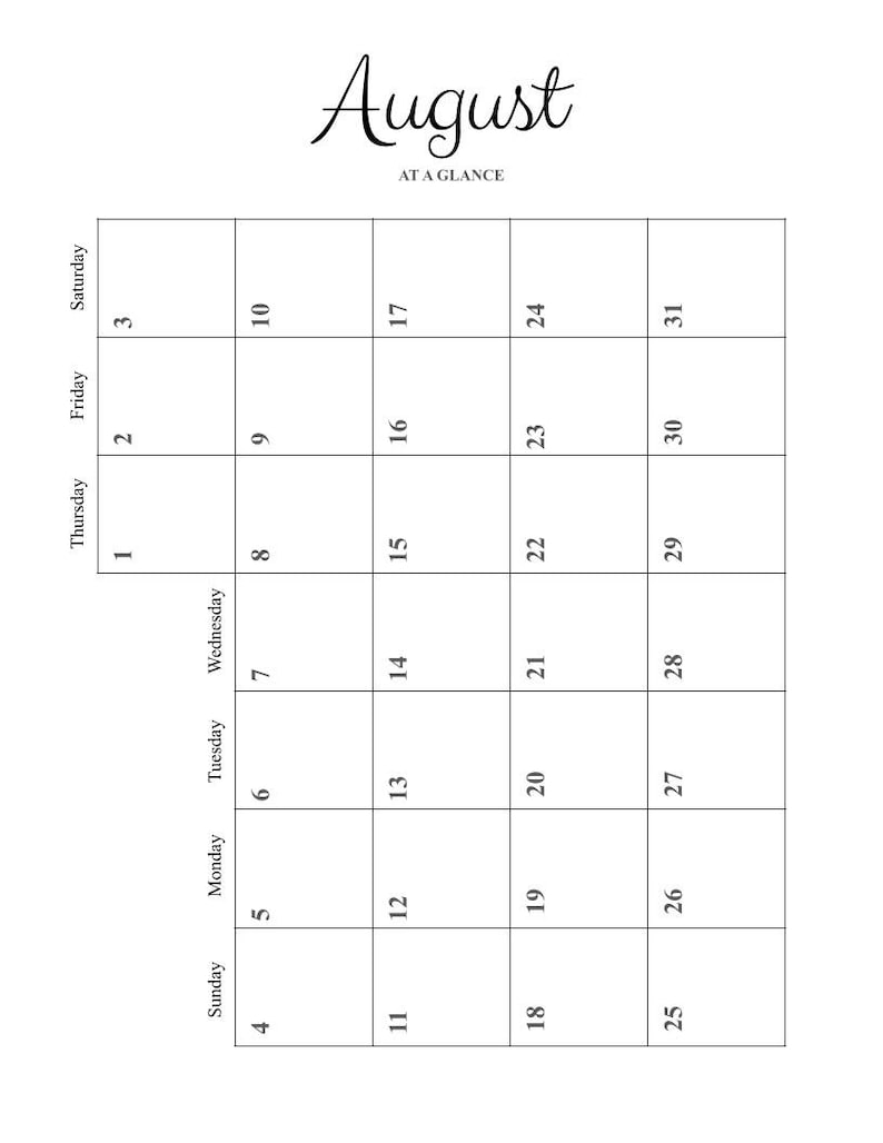 August Calendar - Month at a Glance - Digital Download - Etsy