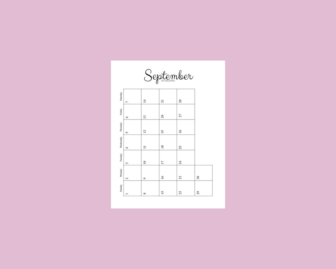 September Calendar - Month at a Glance - Digital Download - Etsy