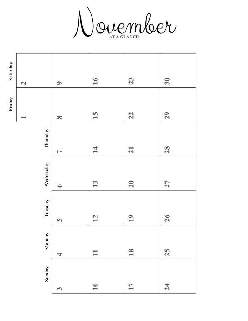 November Calendar - Month at a Glance - Digital Download - Etsy