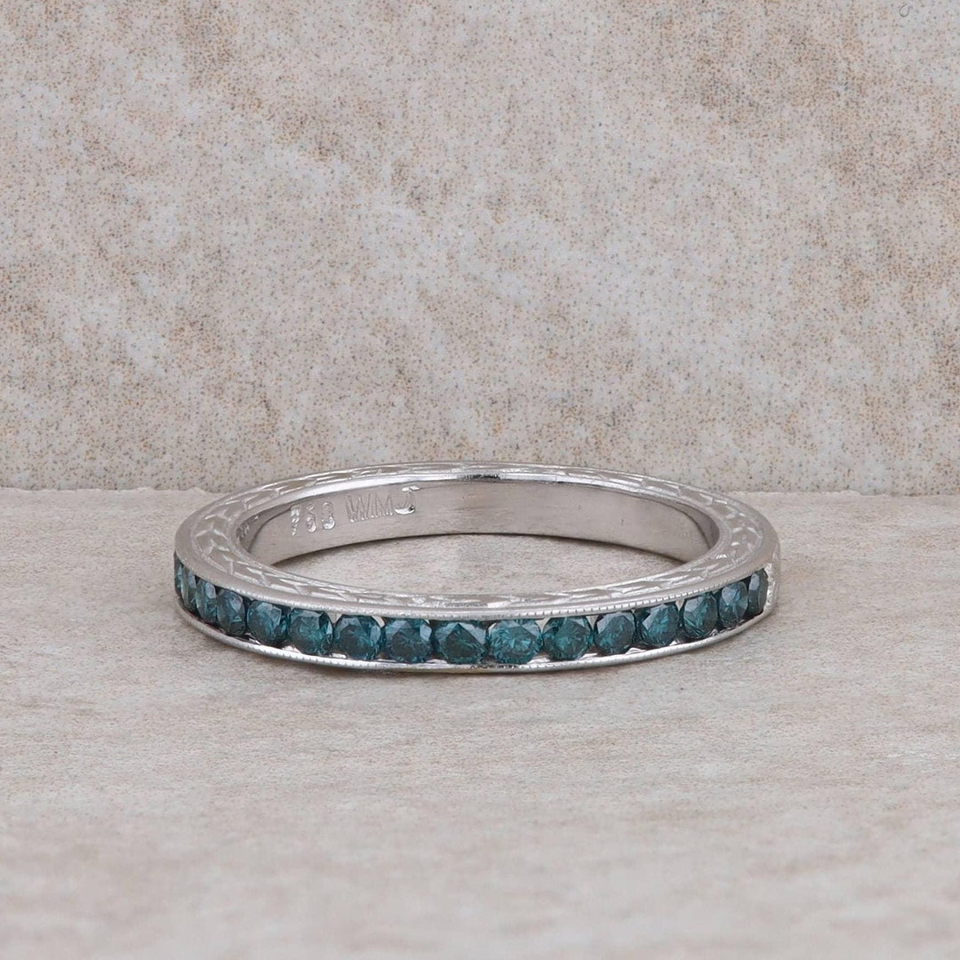 18k White Gold Color Enhanced Blue Diamond Band - Etsy