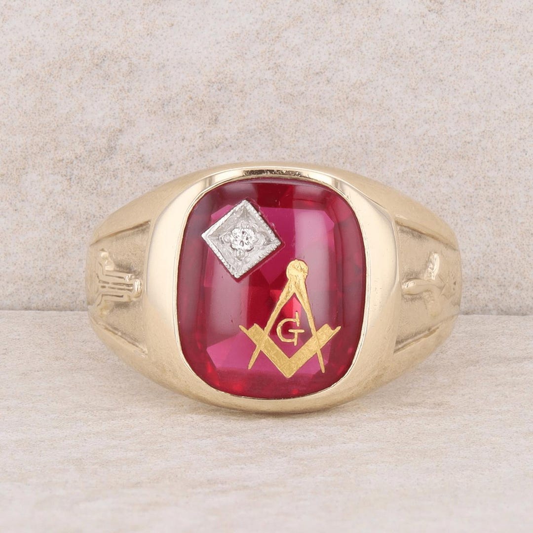 10k Yellow Gold Men's Masonic and Diamond Synthetic Ruby Ring - Etsy