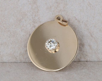 14K Yellow Gold Diamond Circle Disc Pendant Necklace Engravable Natural ...