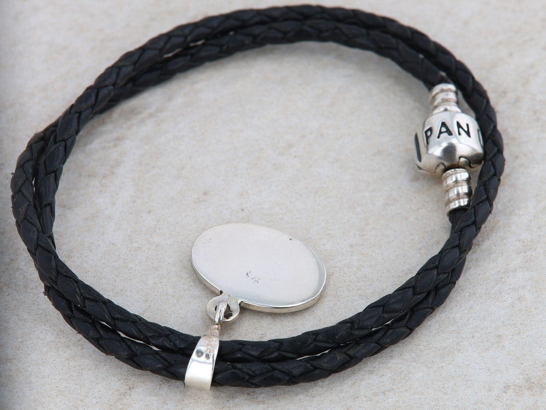 Pandora Leather Corded Double Wrap Bracelet With Sterling Silver Oval ...