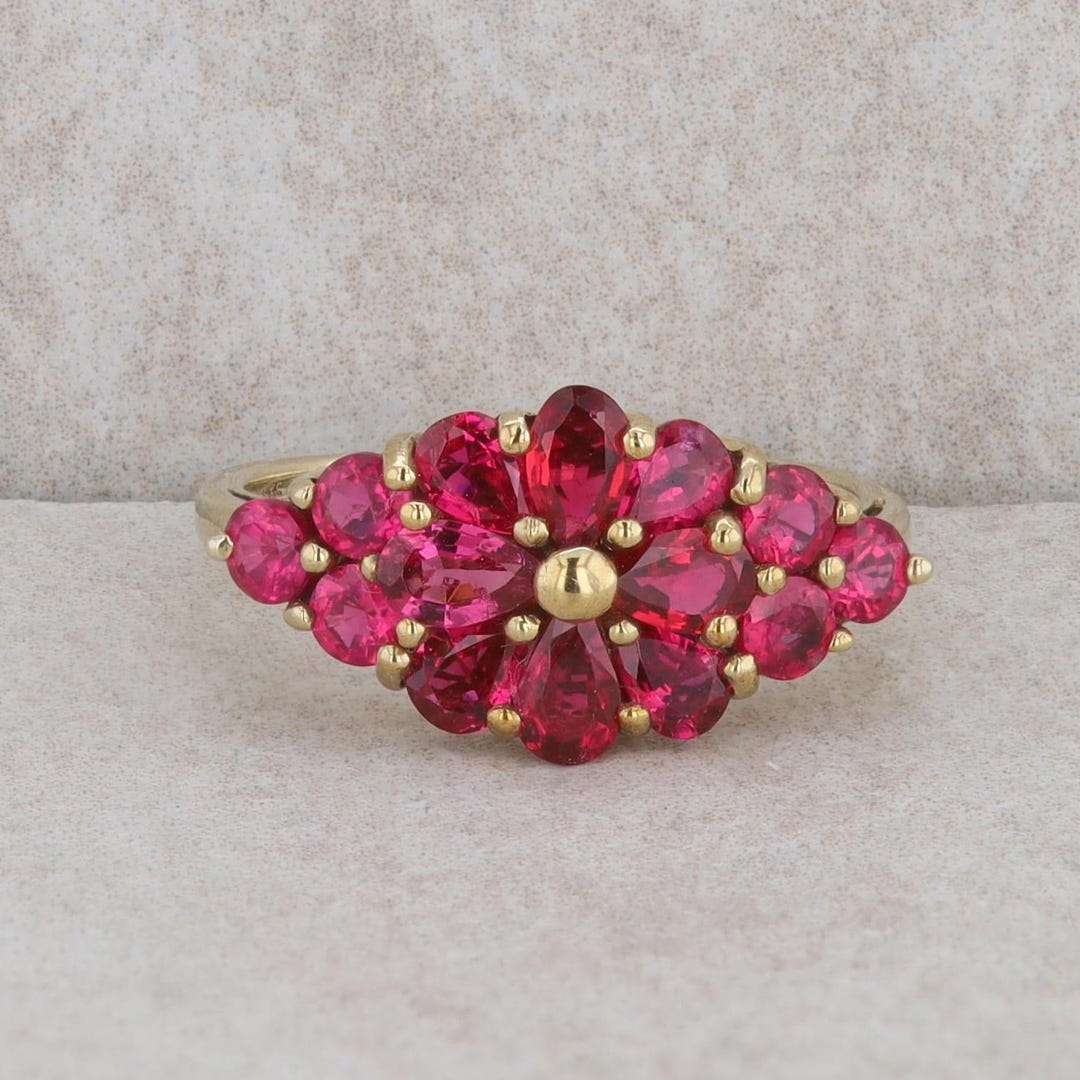10k Yellow Gold Ruby Floral Accented Fashion Ring - Etsy