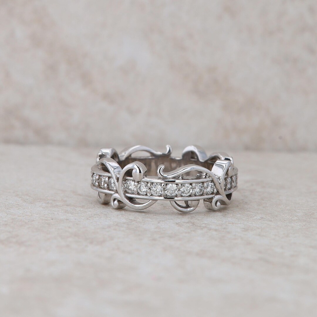 14k White Gold Diamond Swirl Design Band - Etsy