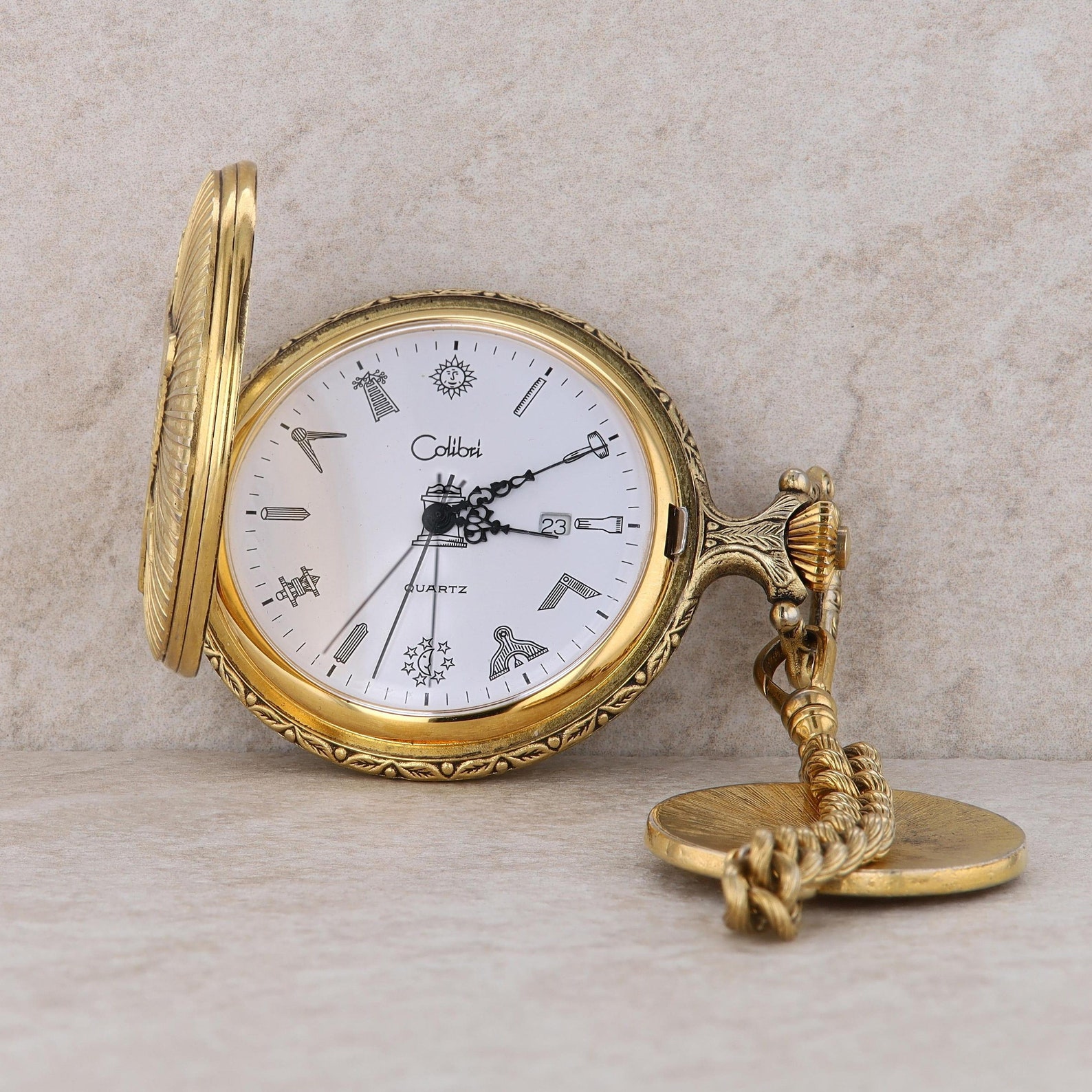 Colibri Gold Plated Masonic Pocket Watch With Gold Plated Masonic Chain ...