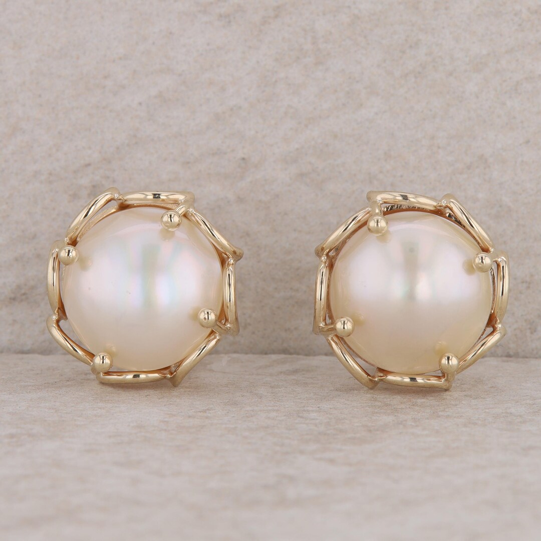 14k Yellow Gold 15mm Mabe Pearl Omega Back Stud Earrings - Etsy