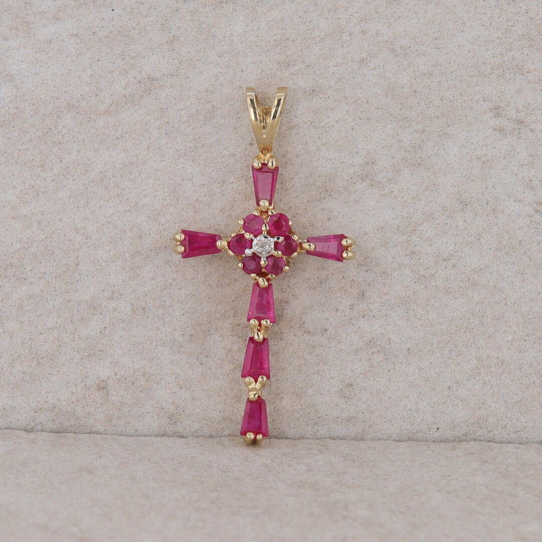 14k Yellow Gold Ruby and Diamond Cross Pendant - Etsy