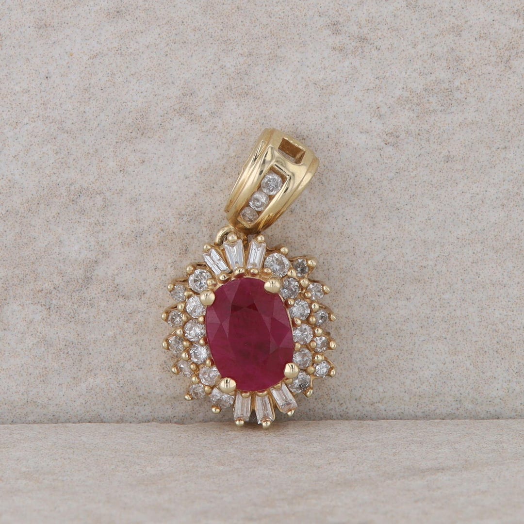 14k Yellow Gold Diamond Halo Oval Ruby Pendant - Etsy