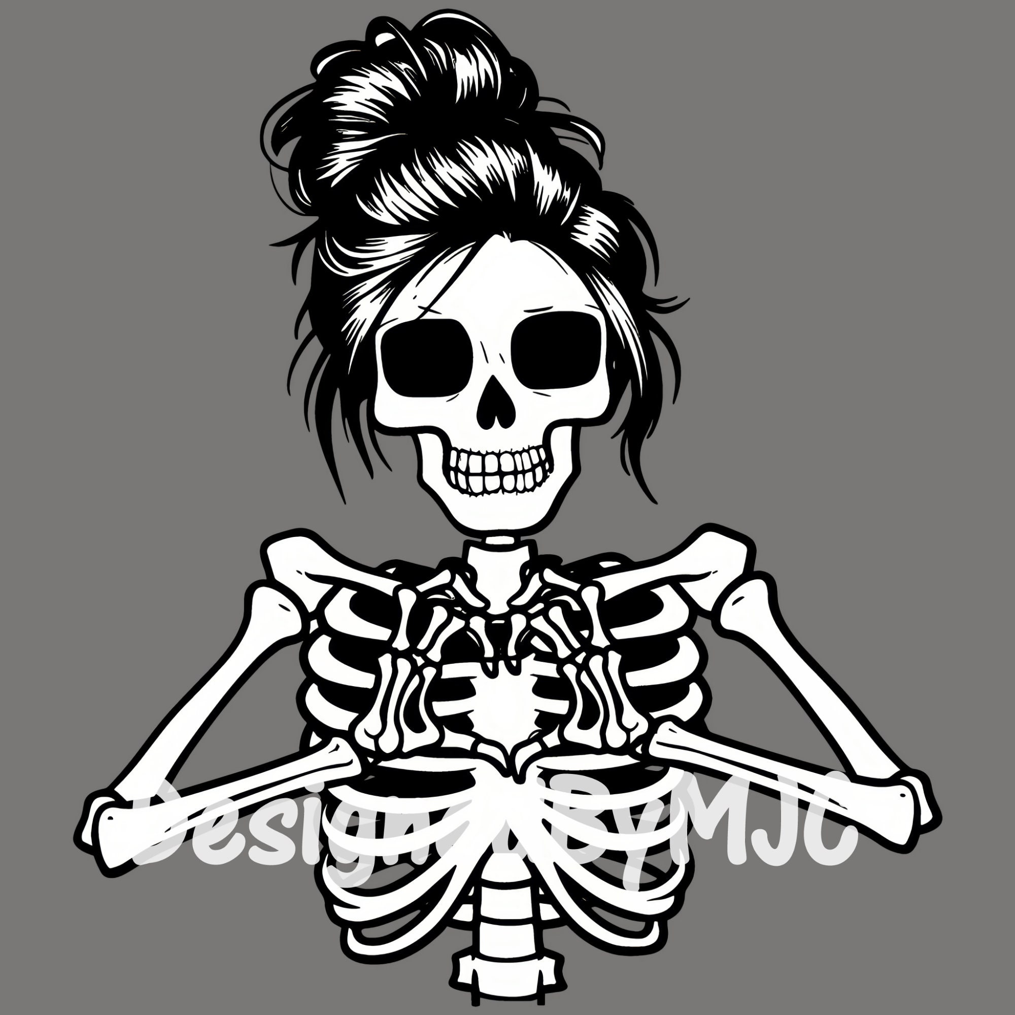 Messy Bun Girl Skull Heart Hands SVG Clipart & PNG Files, Skeleton, Mom ...