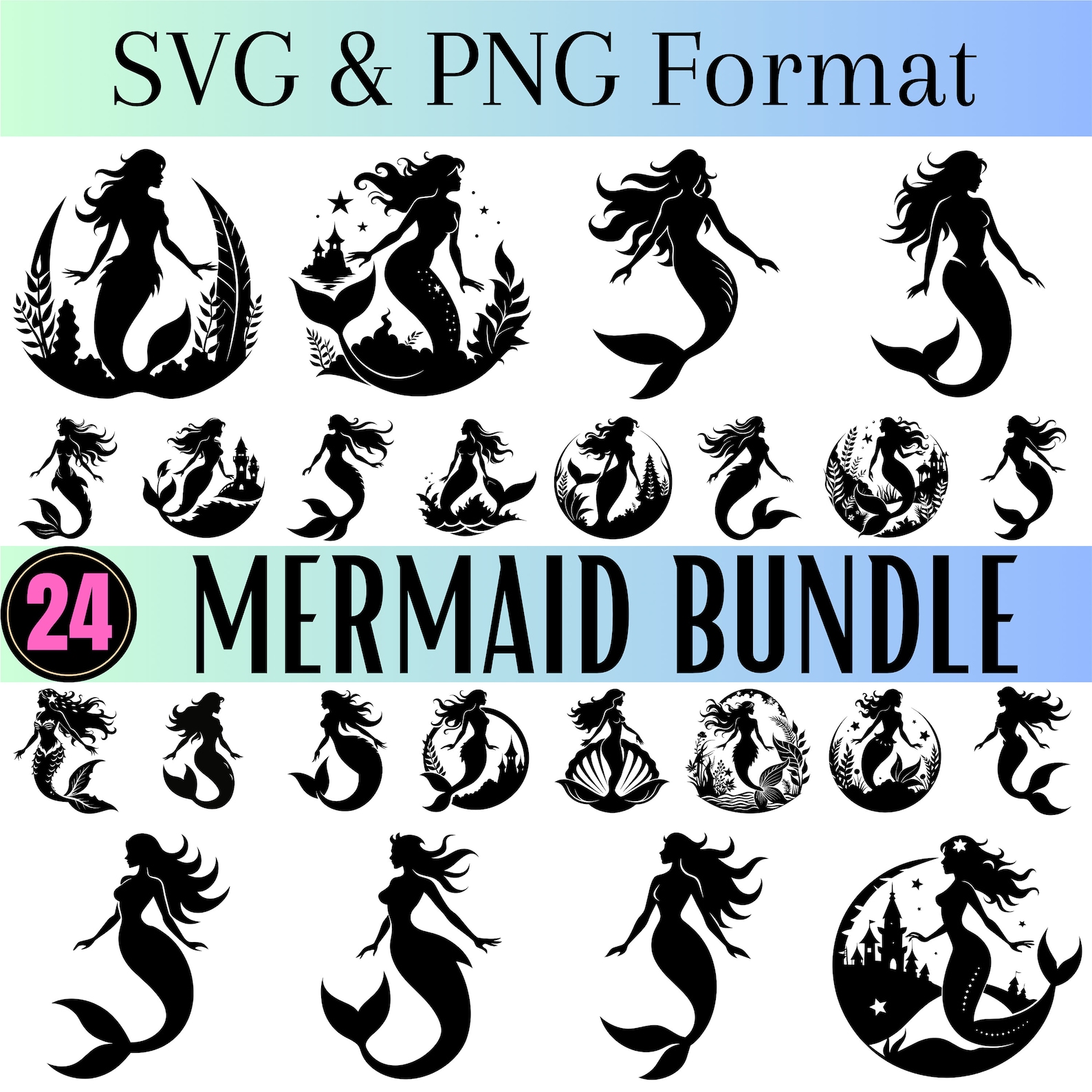 Mermaid SVG Bundle Clipart, SVG & PNG Files, 24 Unique Graphics ...