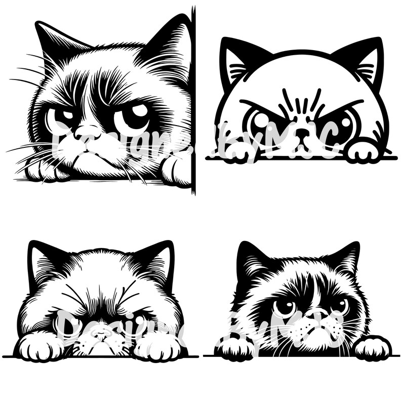 Peeking Grumpy Cat SVG Bundle 25 Clipart & PNG Files, Angry Cat Vector ...