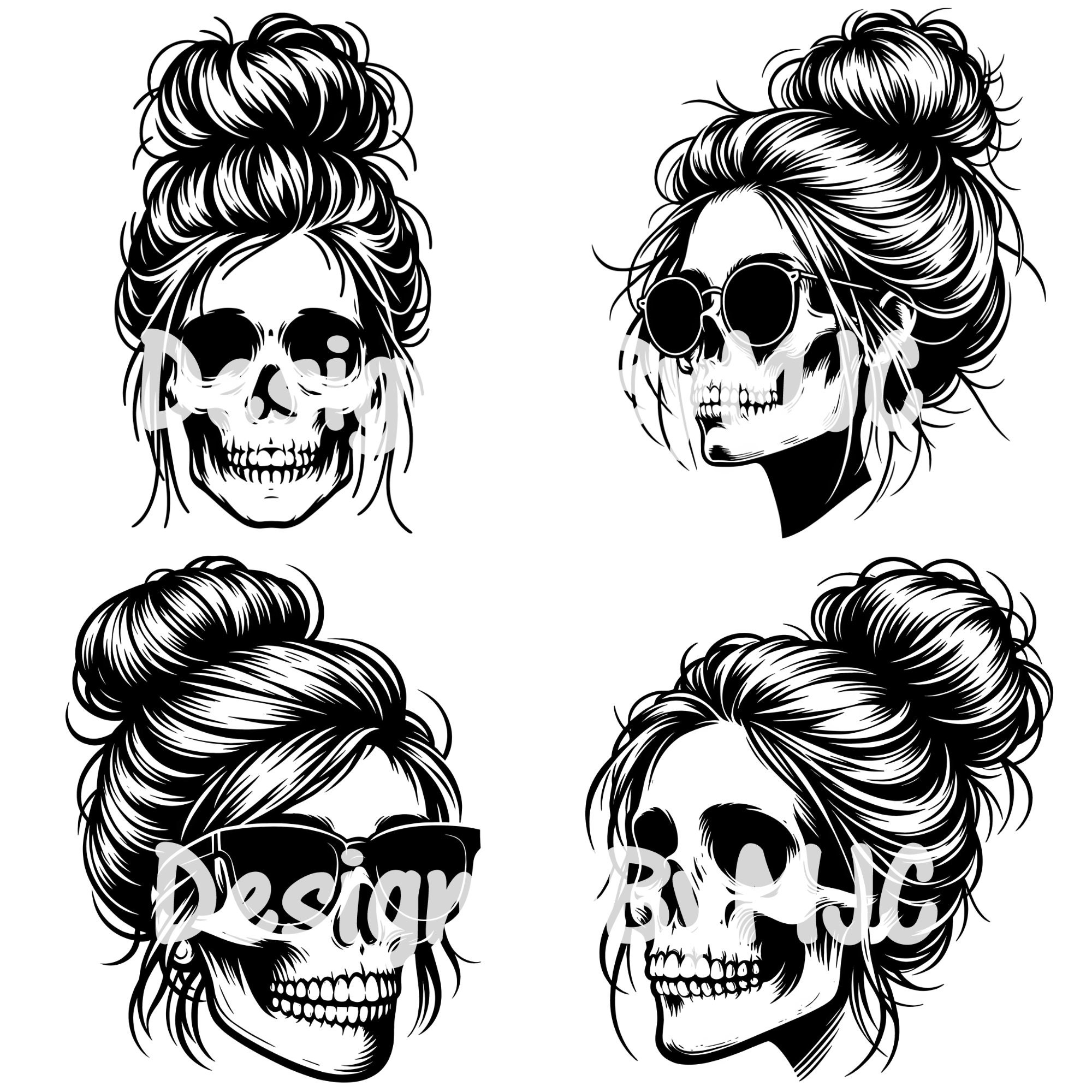 Messy Bun Girl Skull SVG Clipart & PNG Files, Skeleton, Mom Bun Hair ...