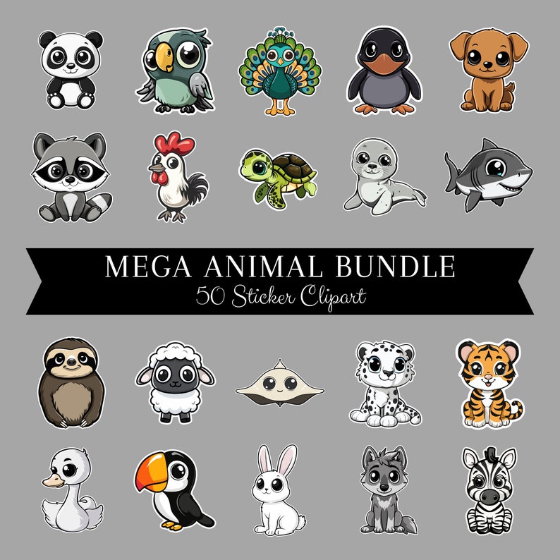 Animal Bundle Clipart, PNG & SVG Files, 50 Cute Unique Graphics, Cute ...