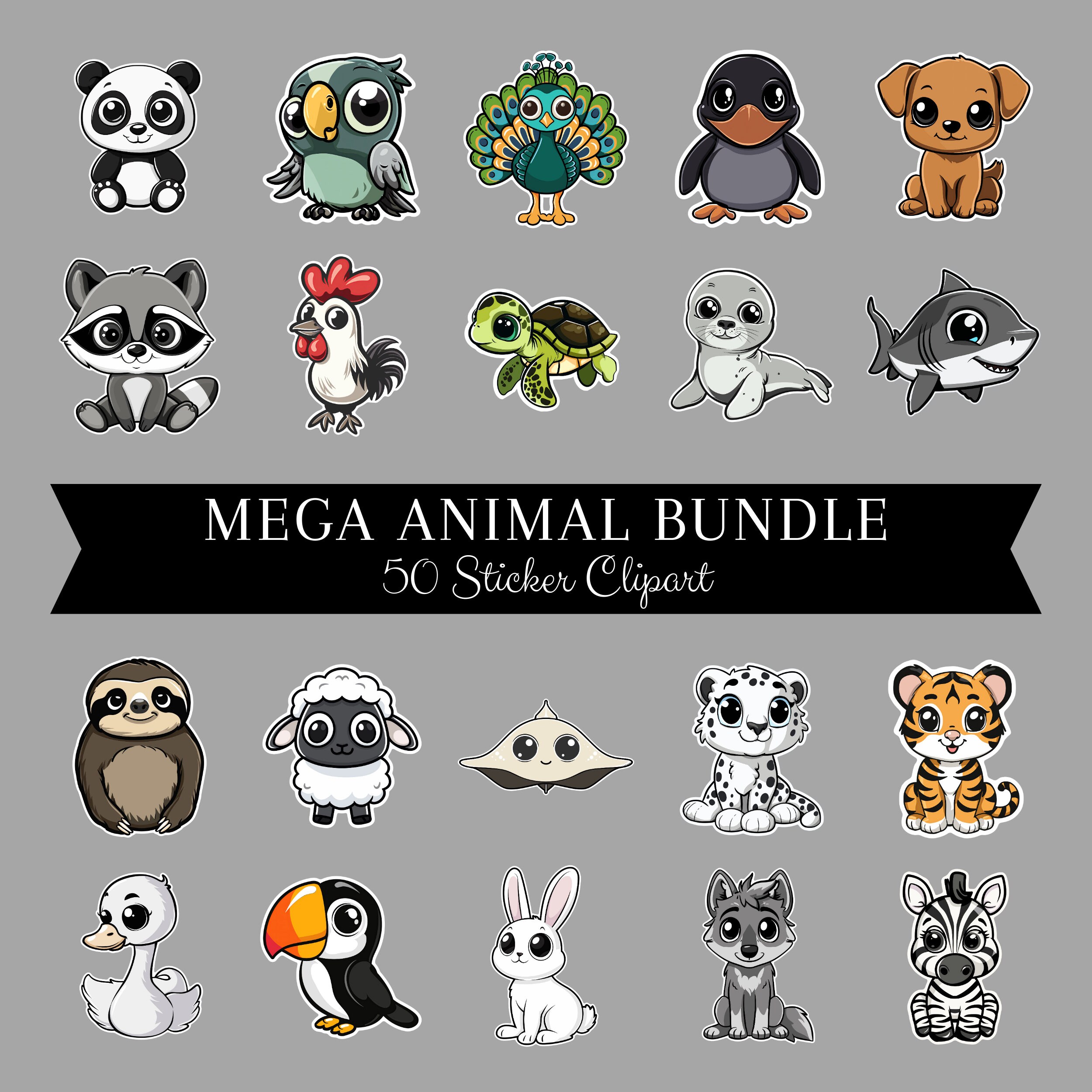 Animal Bundle Clipart, PNG & SVG Files, 50 Cute Unique Graphics, Cute ...