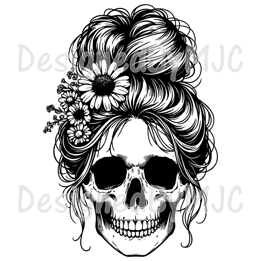 Messy Bun Girl Skull SVG Clipart & PNG Files, Skeleton, Mom Bun Hair ...