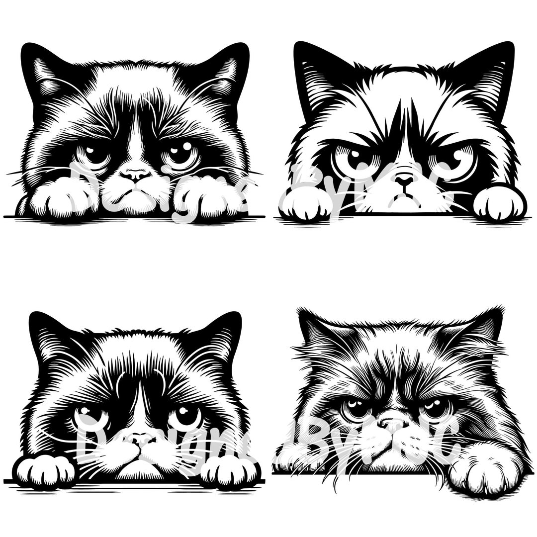 Peeking Grumpy Cat SVG Bundle 25 Clipart & PNG Files, Angry Cat Vector ...