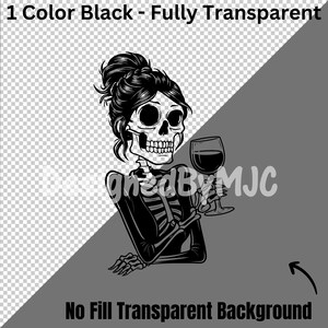 Messy Bun Girl Skull SVG Clipart & PNG Files, Skeleton With Wine, Mom ...