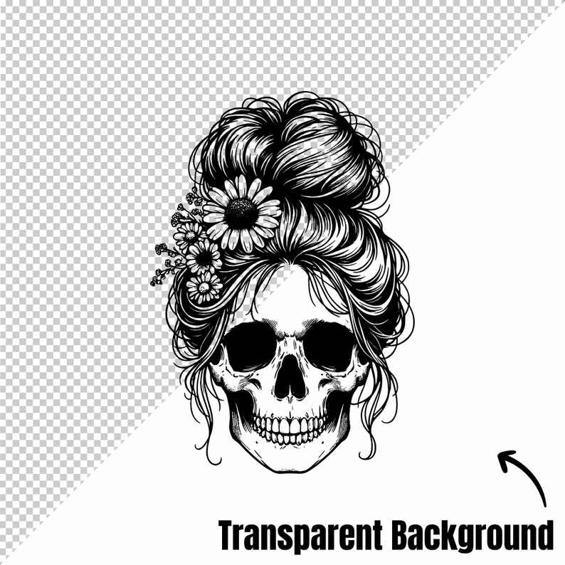 Messy Bun Girl Skull SVG Clipart & PNG Files, Skeleton, Mom Bun Hair ...