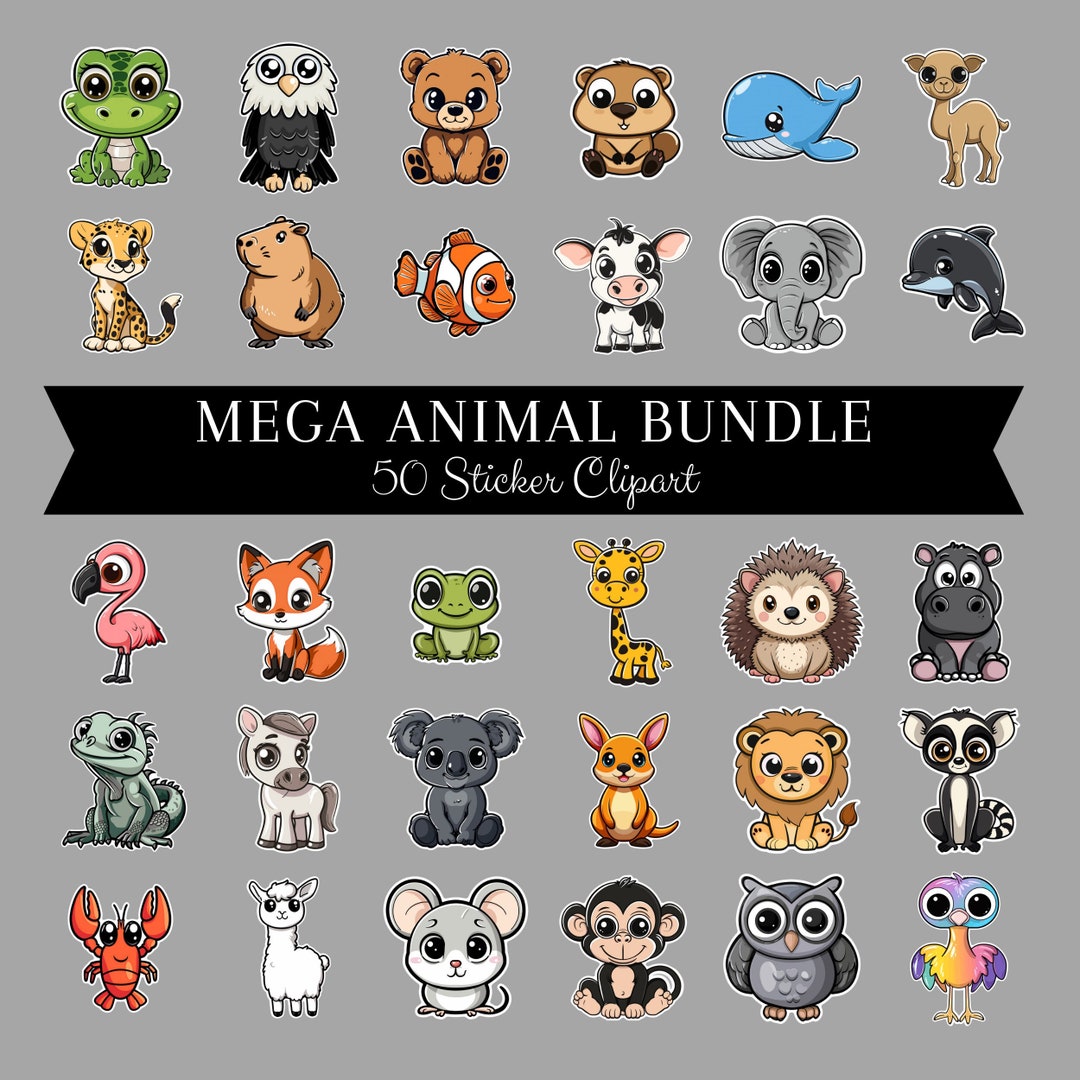 Animal Bundle Clipart, PNG & SVG Files, 50 Cute Unique Graphics, Cute ...