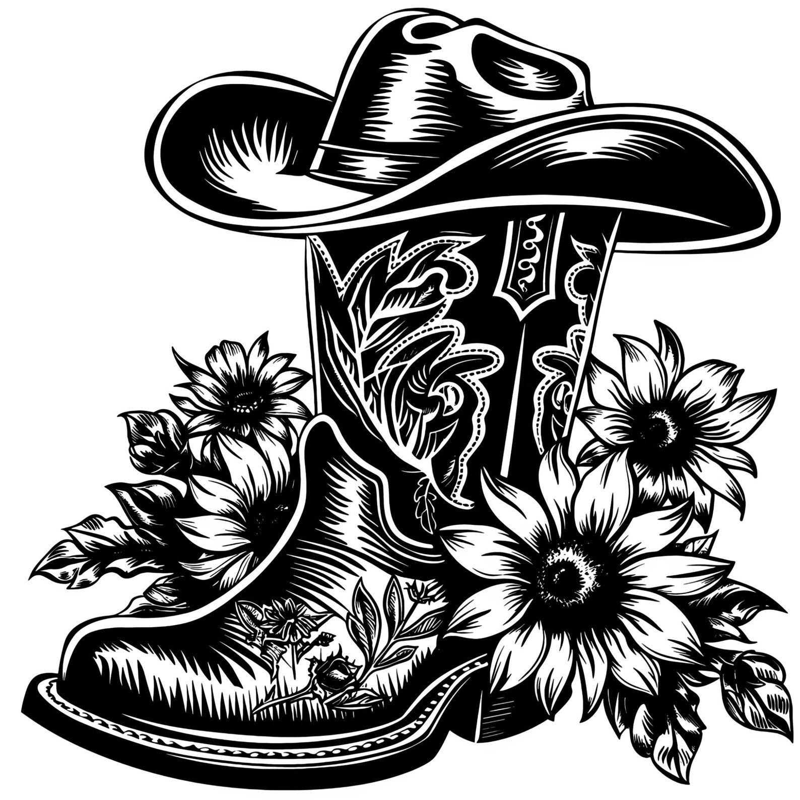 Cowgirl Boot Sunflowers SVG, Cowboy Boot Flowers Hat Floral Western ...