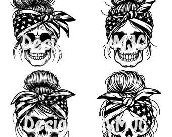 Messy Bun Girl Skull With Coffee SVG Clipart & PNG Files, Skeleton, Mom ...
