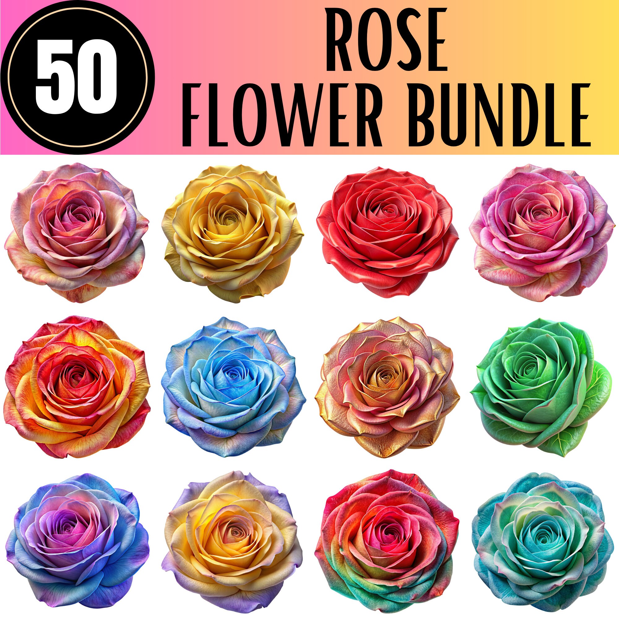 Rose Bundle Clipart, 50 PNG Files, Cute Watercolor Graphics, Floral ...