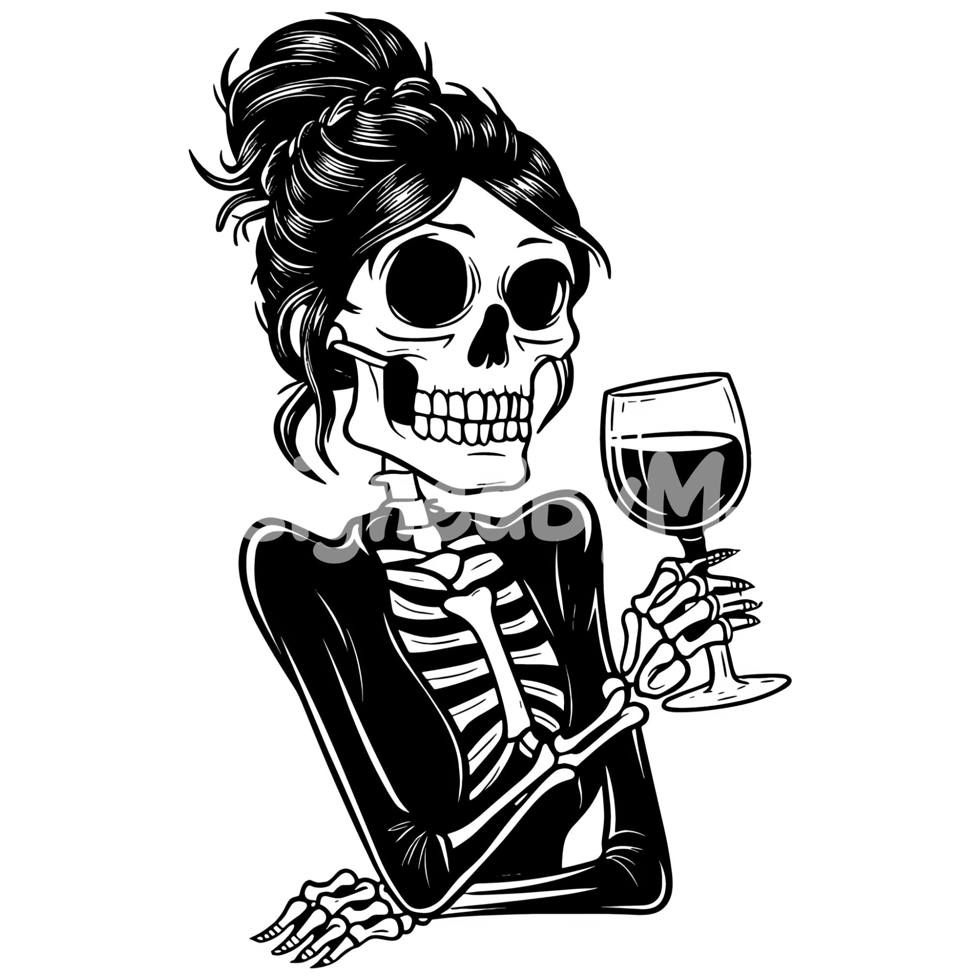 Messy Bun Girl Skull SVG Clipart & PNG Files, Skeleton With Wine, Mom ...