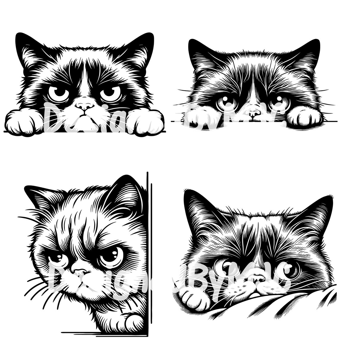 Peeking Grumpy Cat SVG Bundle 25 Clipart & PNG Files, Angry Cat Vector ...
